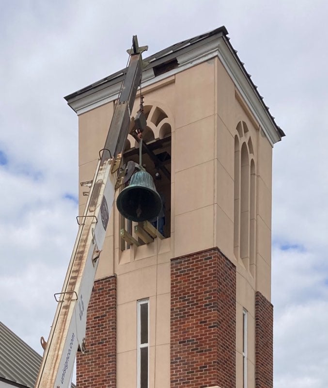 The Bells of St. Anne Catholic Church before and after.